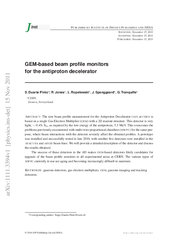 (PDF) GEM-based beam profile monitors for the antiproton decelerator