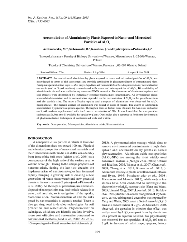 (PDF) Accumulation ofAluminiumby Plants Exposed toNano- andMicrosized ...