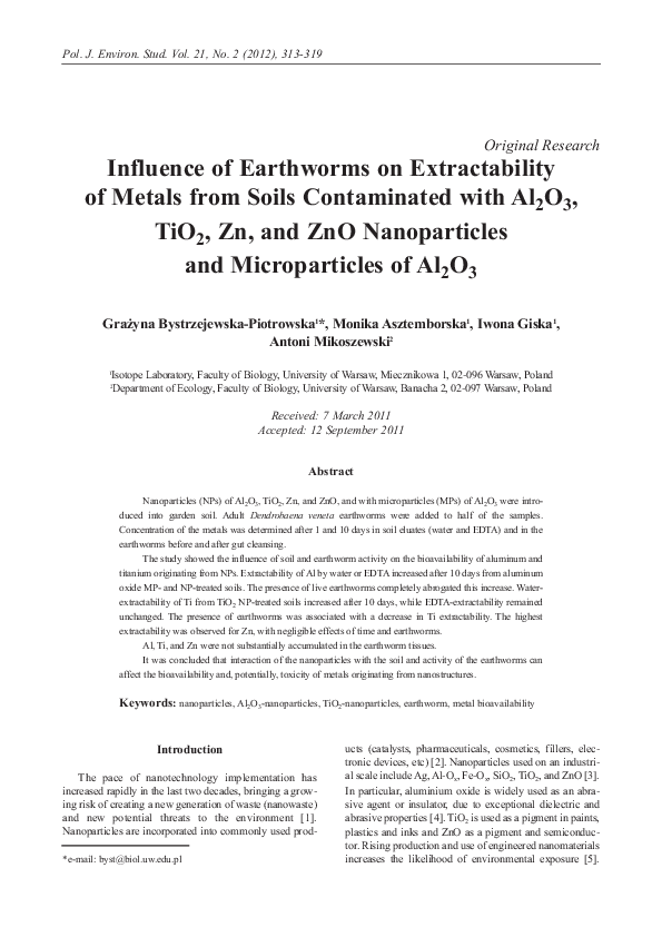 (PDF) Influence of earthworms on extractability of metals from soils ...