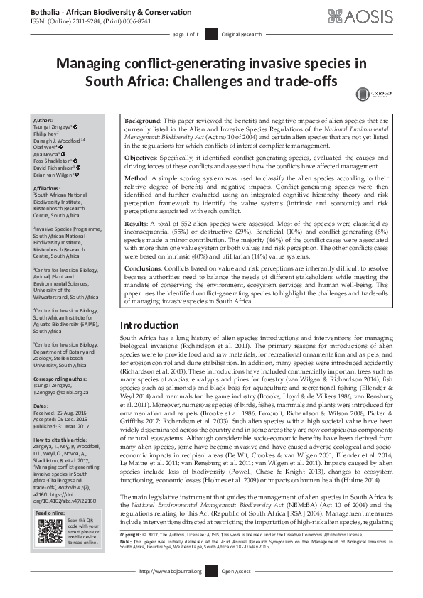(PDF) Managing conflict-generating invasive species in South Africa ...