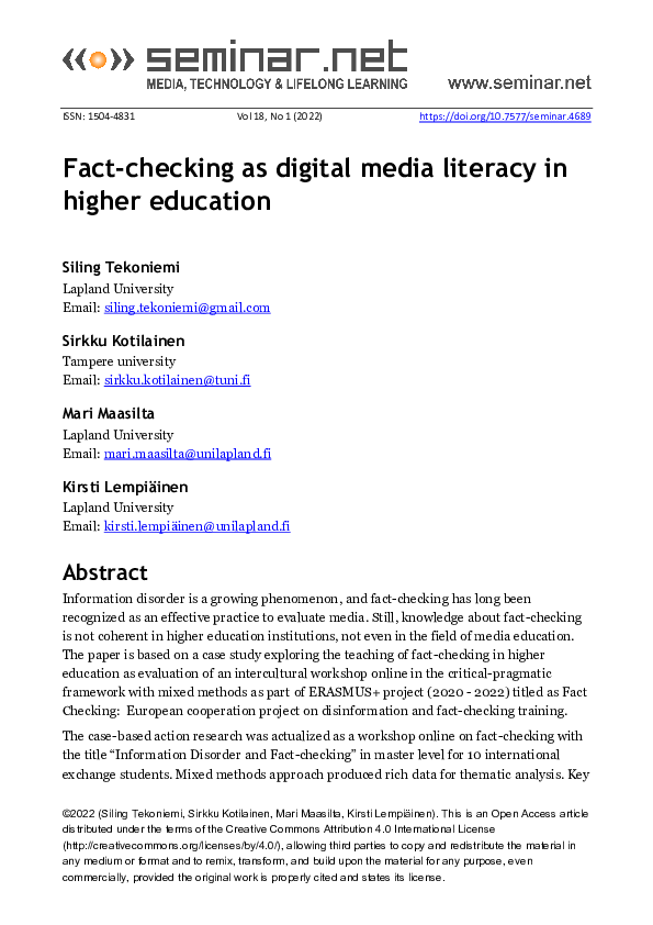 (PDF) Fact-checking as digital media literacy in higher education
