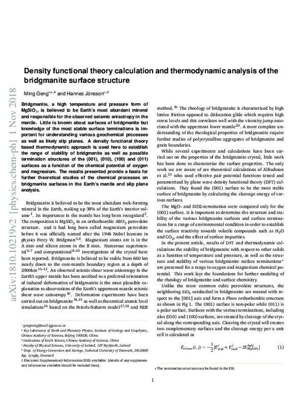 (PDF) Density functional theory calculations and thermodynamic analysis of bridgmanite surface ...