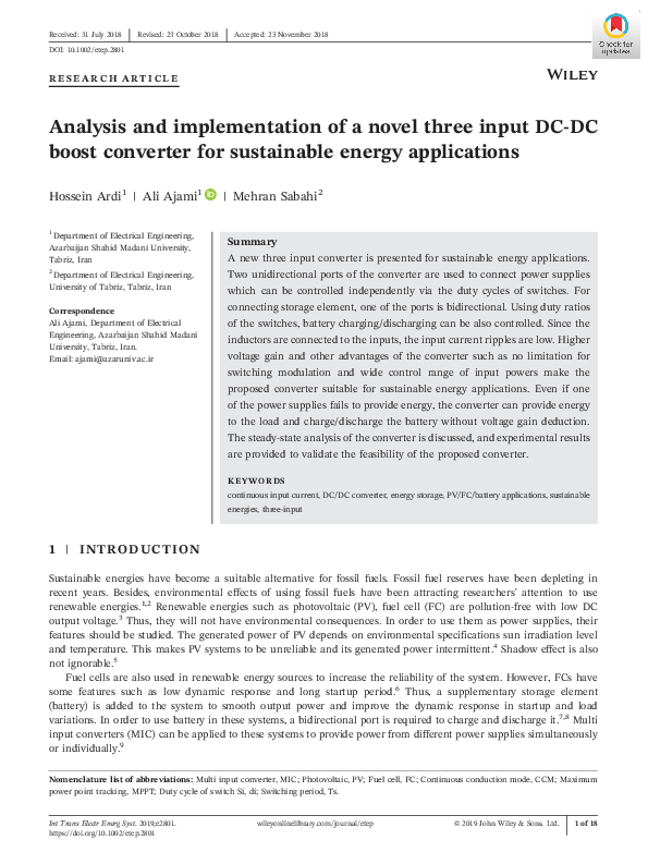 (PDF) Analysis and implementation of a novel three input DC‐DC boost ...