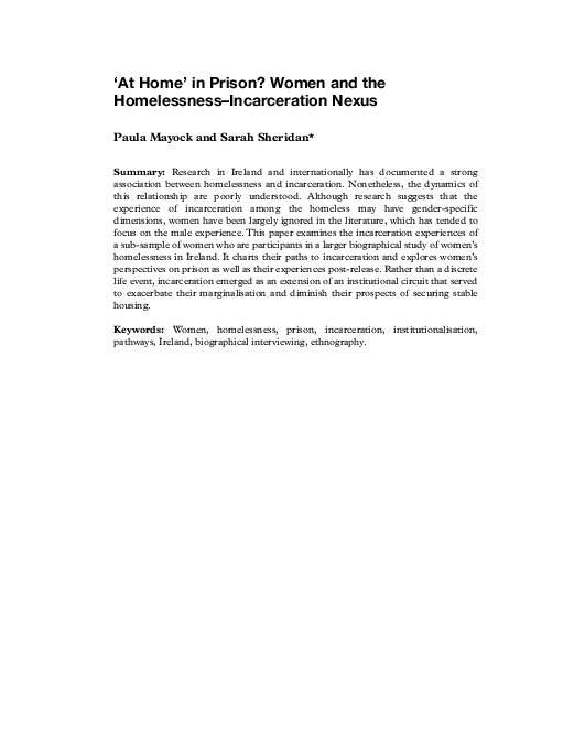 (PDF) At Home' in Prison? Women and the Homelessness–Incarceration Nexus