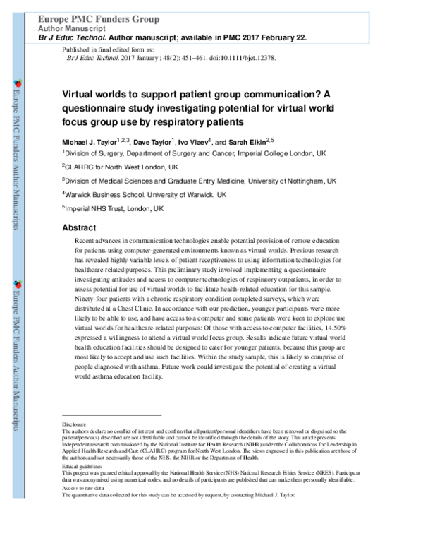 (PDF) Virtual worlds to support patient group communication? A ...