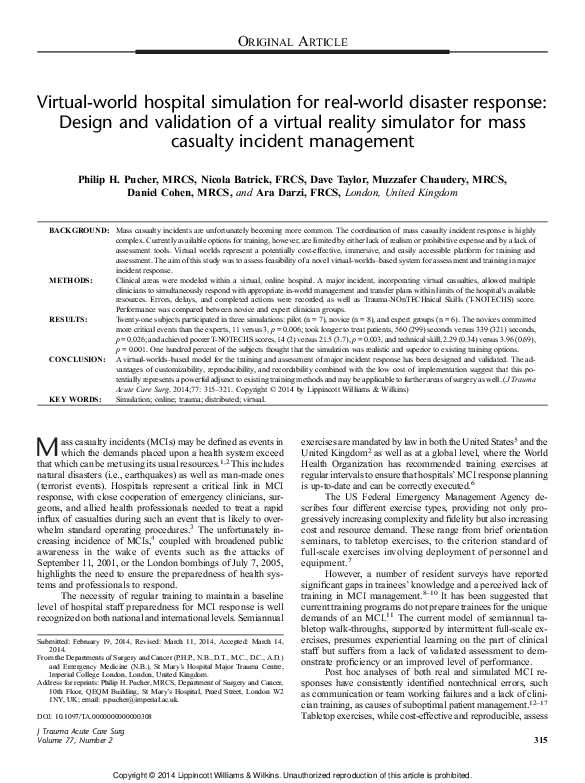 (PDF) Virtual-world hospital simulation for real-world disaster response