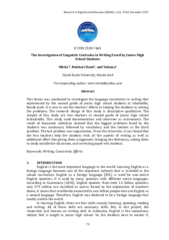 (PDF) The Investigation of Linguistic Contrains in Writing Faced by ...
