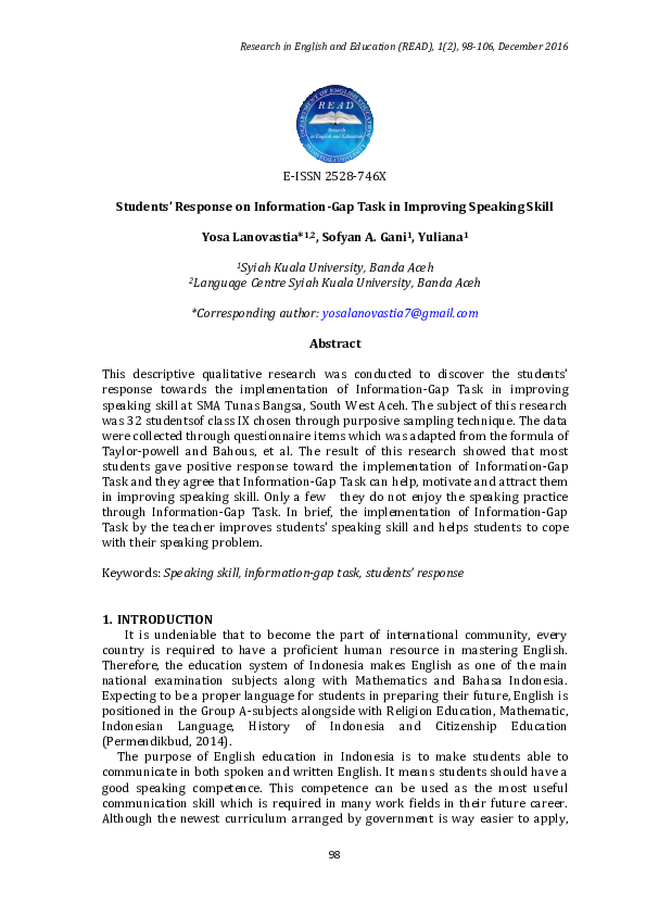 (PDF) Students’ Response on Information-Gap Task in Improving Speaking Skill