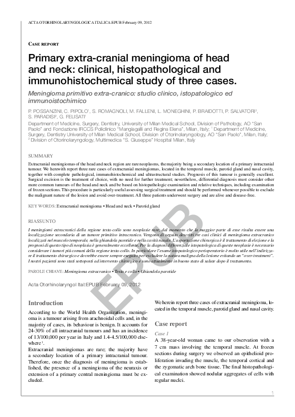 (PDF) Primary extra-cranial meningioma of head and neck: clinical, histopathological and ...