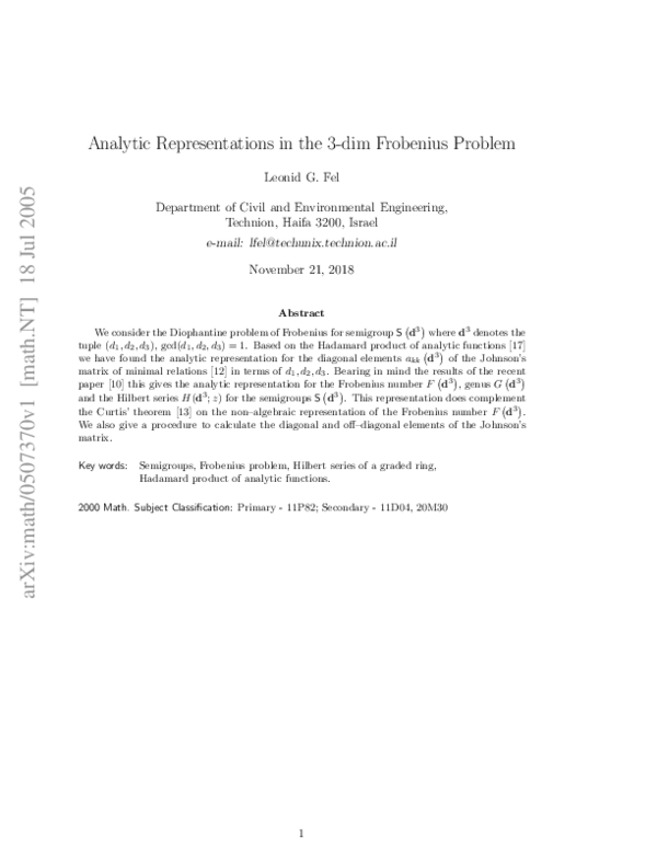 (PDF) Analytic Representations in the 3-dim Frobenius Problem