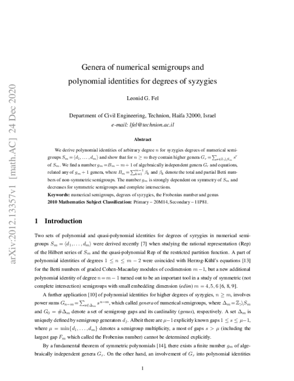 (PDF) Genera of numerical semigroups and polynomial identities for degrees of syzygies