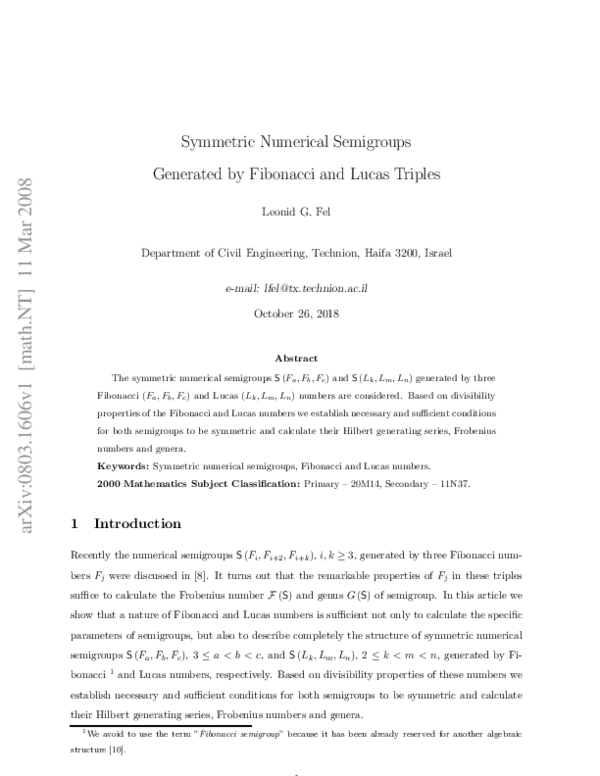 Pdf Symmetric Numerical Semigroups Generated By Fibonacci And Lucas