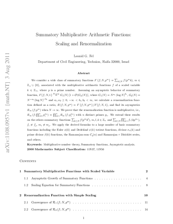 Pdf Summatory Multiplicative Arithmetic Functions Scaling Andrenormalization