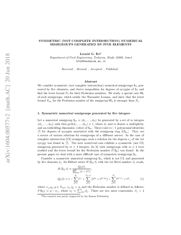 (PDF) Symmetric (Not Complete Intersection) Semigroups Generated by Six Elements