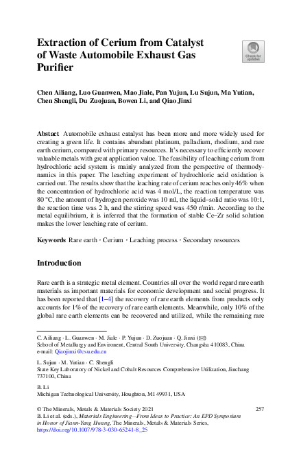 (PDF) Extraction of Cerium from Catalyst of Waste Automobile Exhaust ...