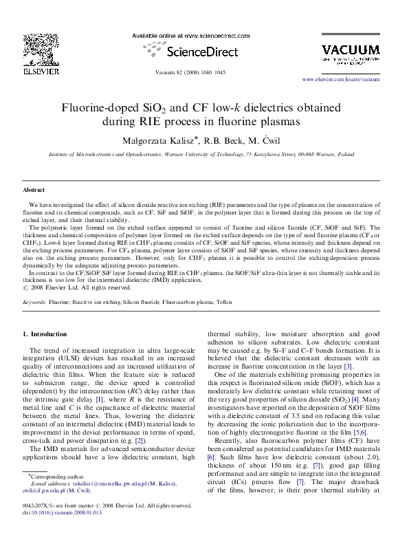 (PDF) Fluorine-doped SiO2 and CF low-k dielectrics obtained during RIE process in fluorine plasmas