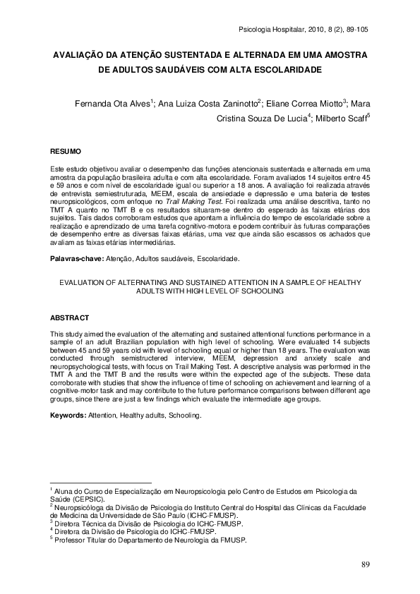 (PDF) Evaluation of alternating and sustained attention in a sample of ...
