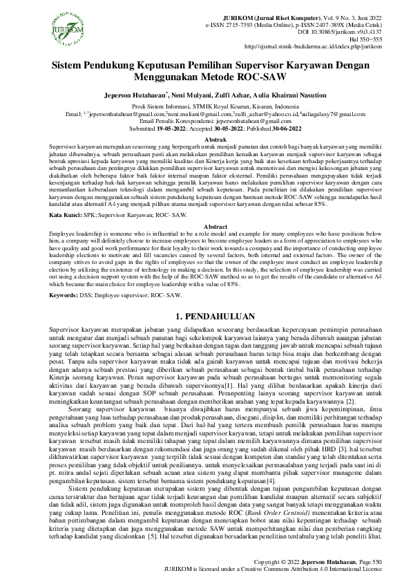 (PDF) Sistem Pendukung Keputusan Pemilihan Supervisor Karyawan Dengan Menggunakan Metode ROC-SAW ...