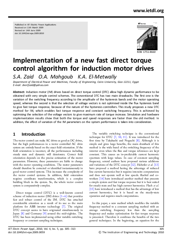 Pdf Implementation Of A New Fast Direct Torque Control Algorithm For Induction Motor Drives