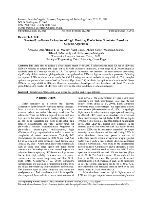 Pdf Spectral Irradiance Estimation Of Light Emitting Diode Solar Simulator Based On Genetic