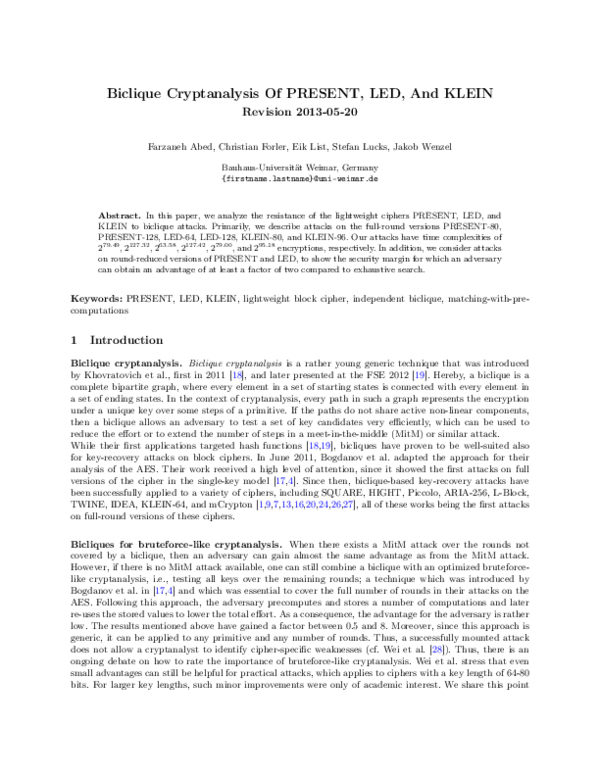 (PDF) Biclique Cryptanalysis Of PRESENT , LED , And KLEIN Revision 2013 ...