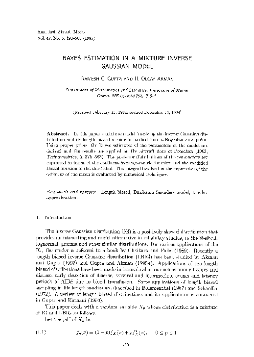 (PDF) Bayes estimation in a mixture inverse Gaussian model
