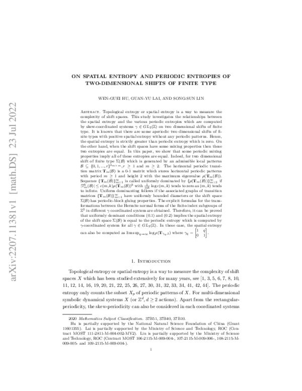 (PDF) On spatial entropy and periodic entropies of Two-dimensional Shifts of Finite Type