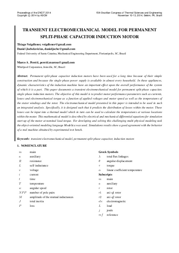 (PDF) Transient Electromechanical Model for Permanent Split-Phase ...