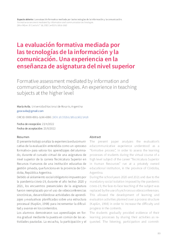 (PDF) La evaluación formativa mediada por las tecnologías de la información y la comunicación