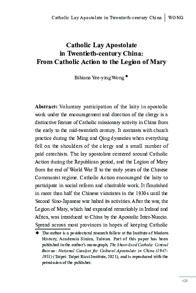 (PDF) Catholic Lay Apostolate in Twentieth-century China: From Catholic ...