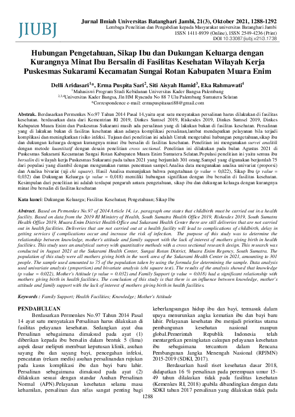 (PDF) Hubungan Pengetahuan, Sikap Ibu dan Dukungan Keluarga dengan Kurangnya Minat Ibu Bersalin ...