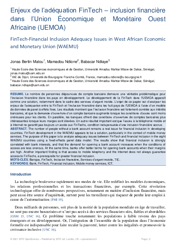 (PDF) Enjeux de l’adéquation FinTech – inclusion financière dans l’Union Économique et Monétaire ...