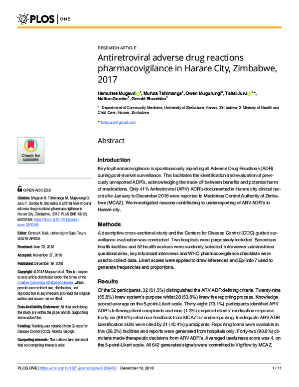 Antiretroviral adverse drug reactions pharmacovigilance in Harare City ...