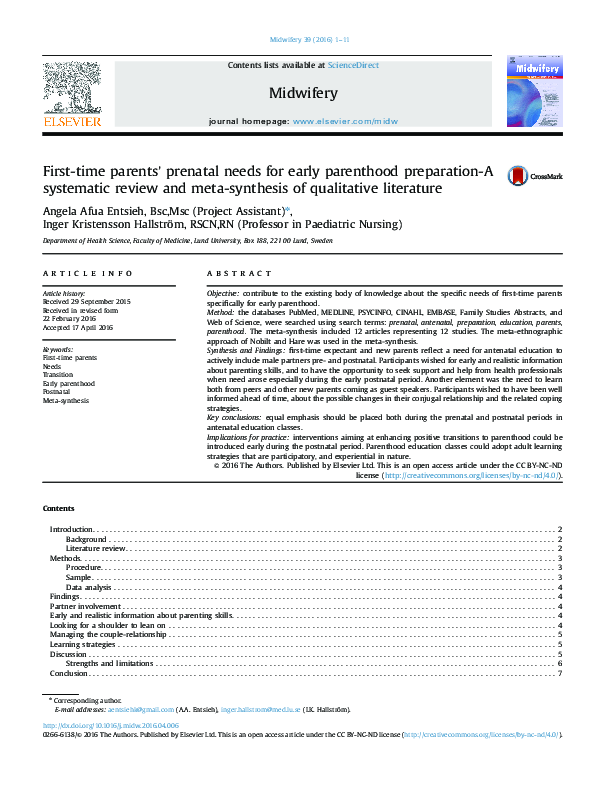 (PDF) First-time parents’ prenatal needs for early parenthood preparation-A systematic review ...