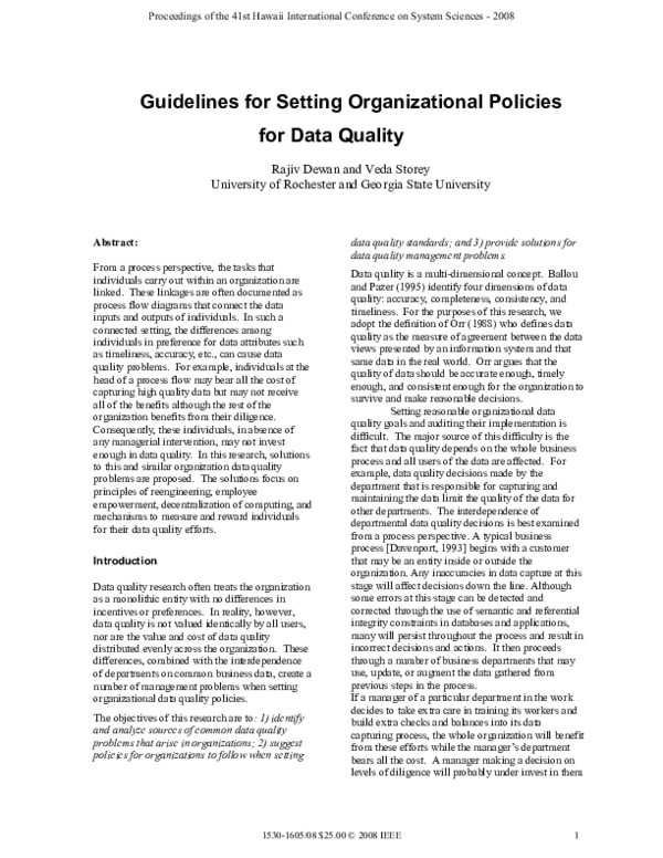 (PDF) Guidelines for Setting Organizational Policies for Data Quality