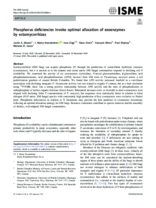 (PDF) Phosphorus deficiencies invoke optimal allocation of exoenzymes by ectomycorrhizas