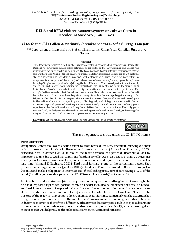 (PDF) RULA and REBA risk assessment system on salt workers in Occidental Mindoro, Philippines