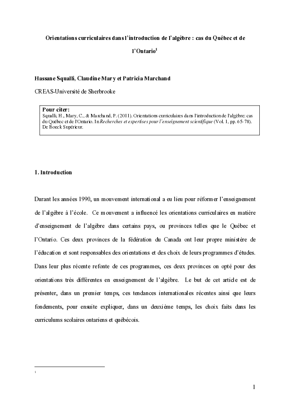 (PDF) Orientations curriculaires dans l'introduction de l'algèbre : cas ...