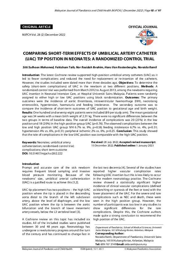 (PDF) Comparing Short-Term Effects of Umbilical Artery Catheter (UAC ...
