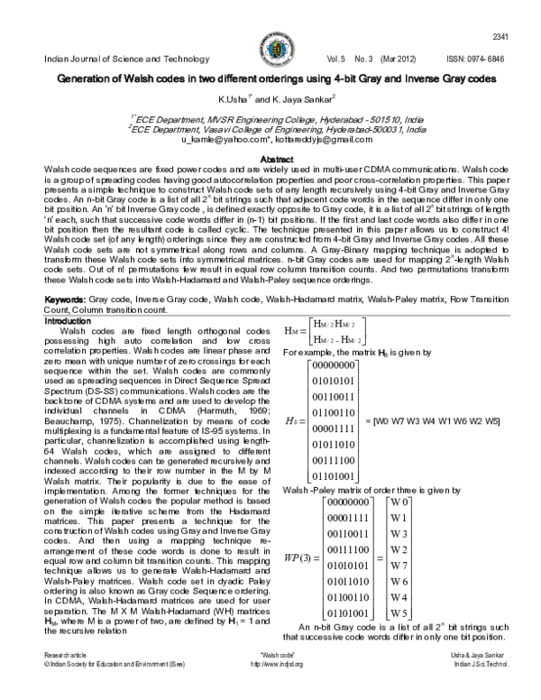 (PDF) Generation of Walsh codes in two different orderings using 4-bit Gray and Inverse Gray codes