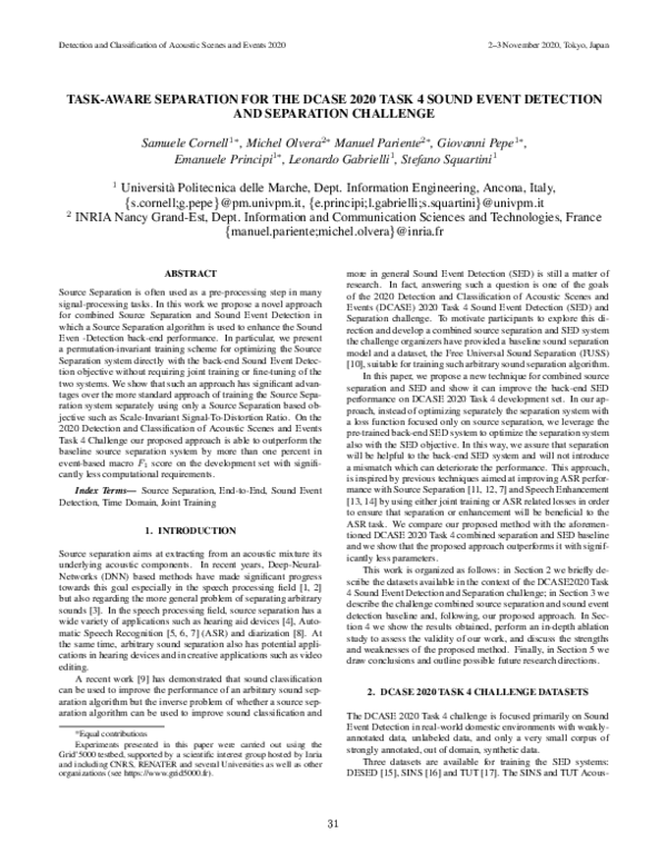 Pdf Task Aware Separation For The Dcase 2020 Task 4 Sound Event Detection And Separation