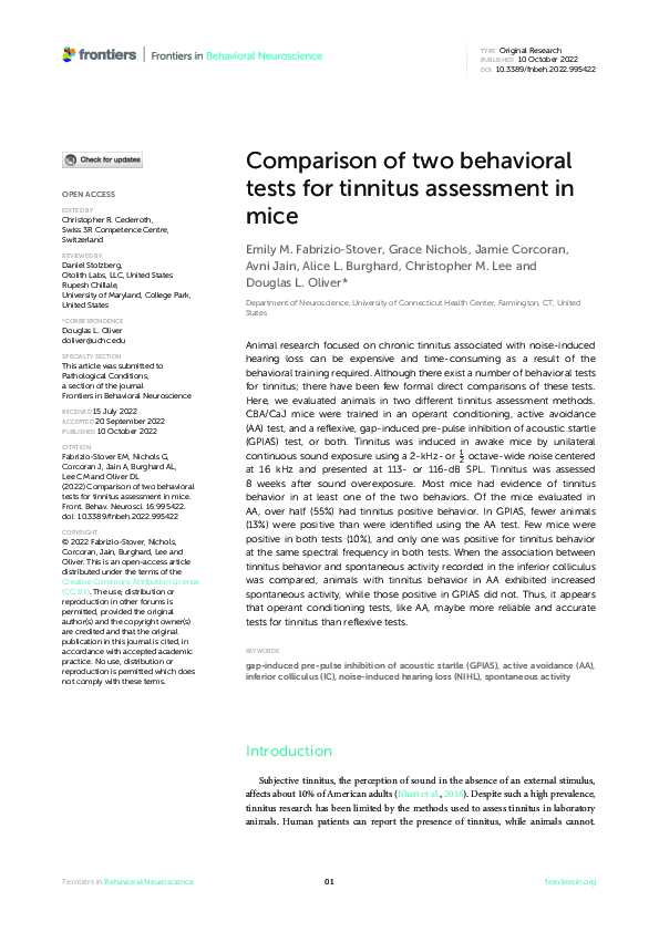 (PDF) Comparison of two behavioral tests for tinnitus assessment in mice