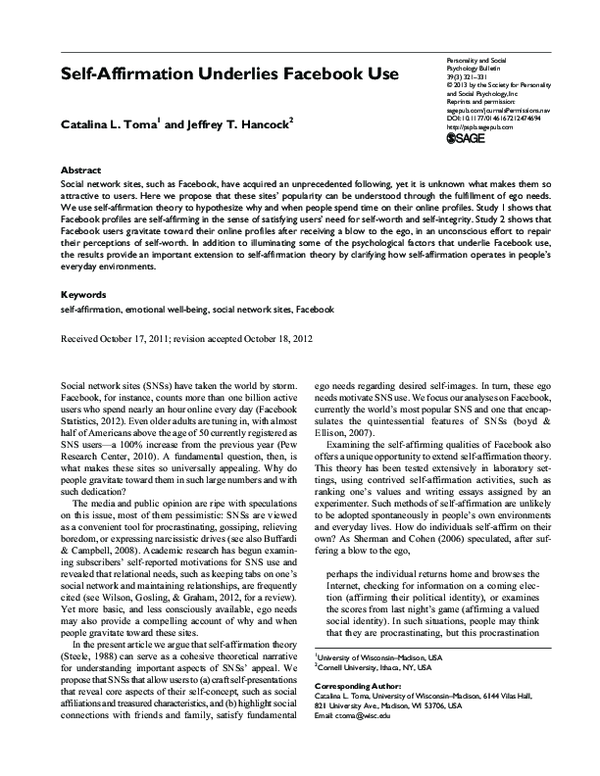 (PDF) Self-Affirmation Underlies Facebook Use | Catalina Toma ...