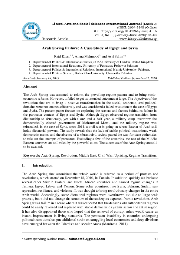 (PDF) Arab Spring Failure: A Case Study of Egypt and Syria
