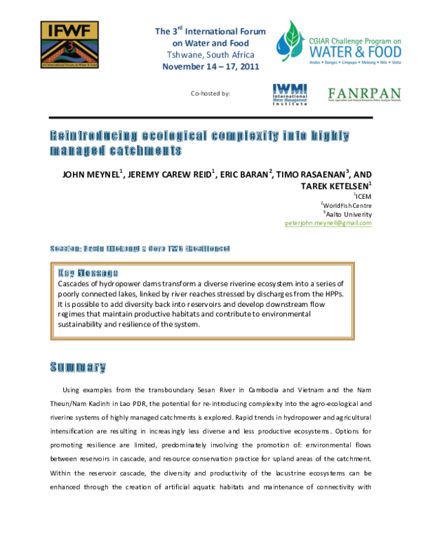 (PDF) Reintroducing ecological complexity into highly managed catchments