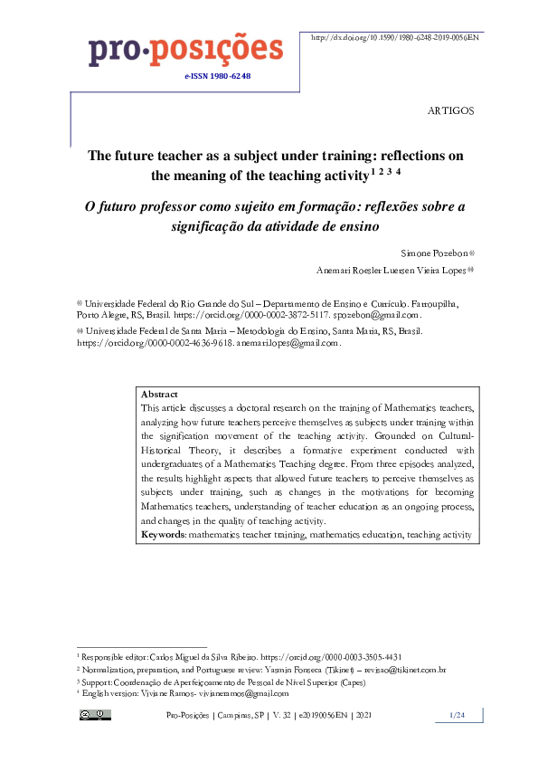 (PDF) The future teacher as a subject under training: reflections on ...
