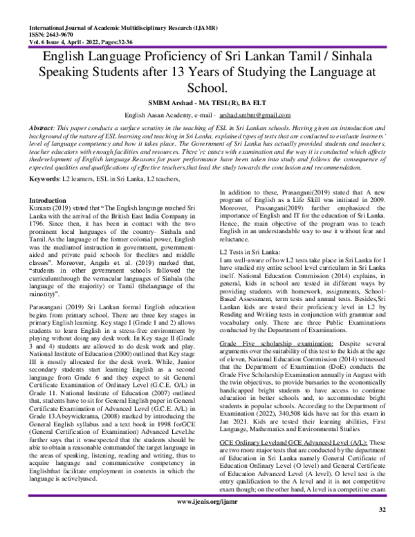 (PDF) English Language Proficiency of Sri Lankan Tamil / Sinhala Speaking Students after 13 ...