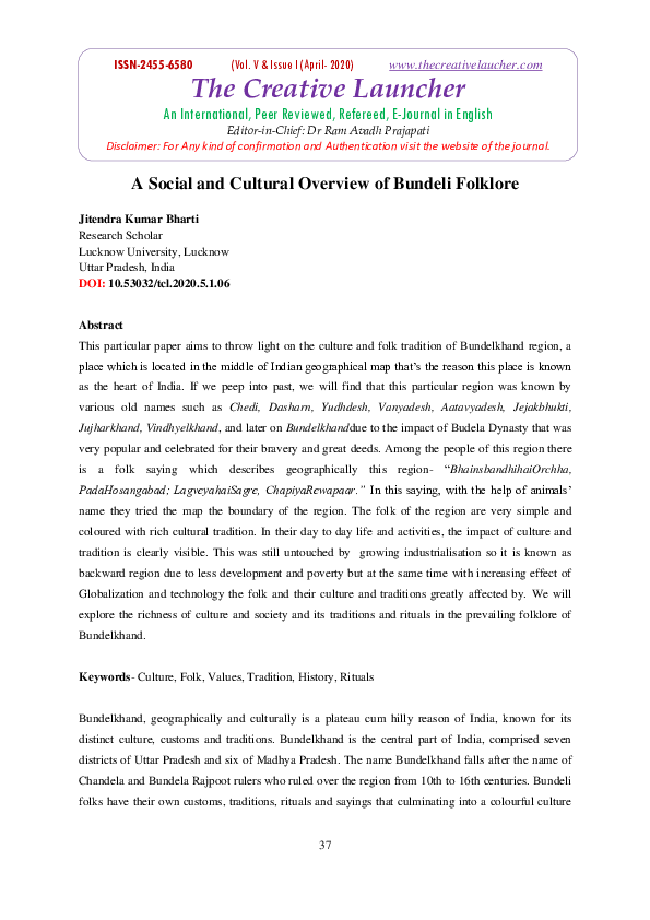 (PDF) A Social and Cultural Overview of Bundeli Folklore