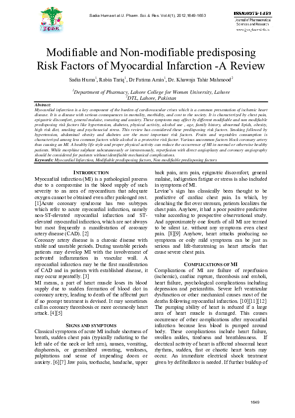 Pdf Modifiable And Non Modifiable Predisposing Risk Factors Of Myocardial Infarction A Review