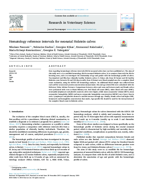 (PDF) Hematology reference intervals for neonatal Holstein calves